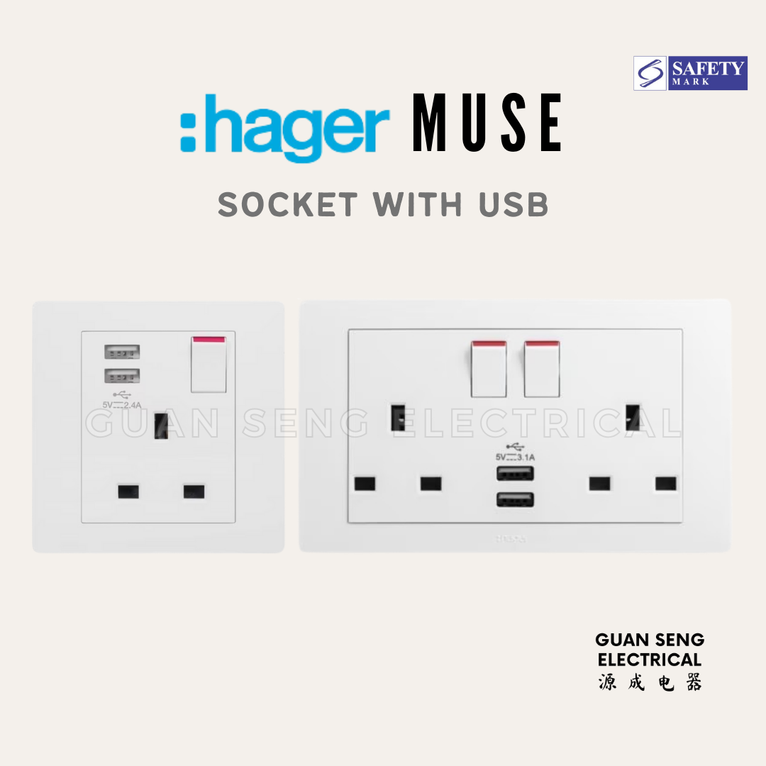 Hager Muse 13A Switched Socket with Dual USB | Guan Seng Electrical Si