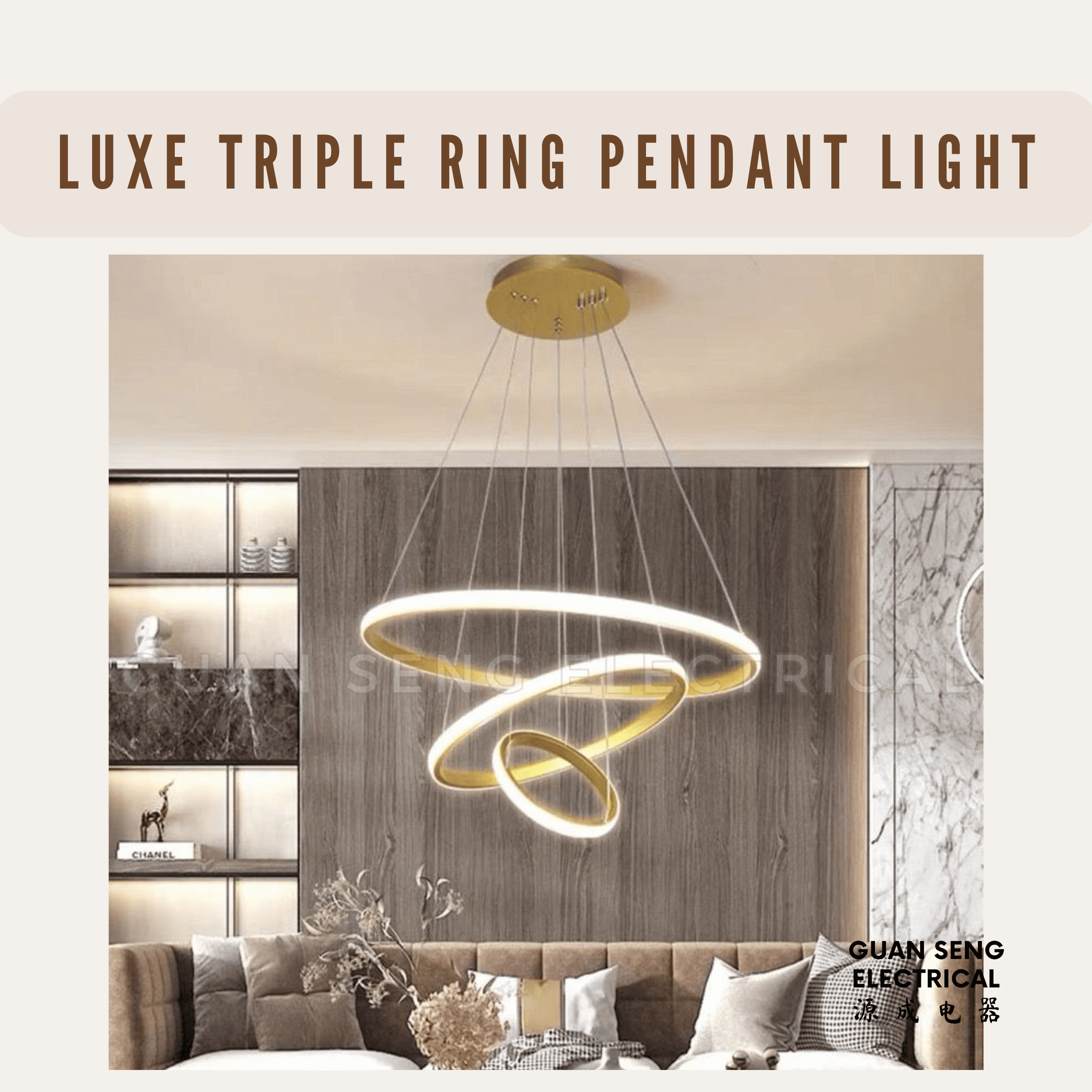 Luxe Triple Ring Pendant Light Black Gold | Guan Seng Electrical